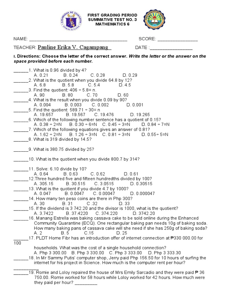 ST 3 - Math 6 - Q1 | PDF | Mathematics