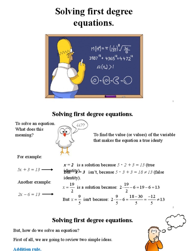 Solving First Degree Equation | PDF | Equations | Mathematical Concepts
