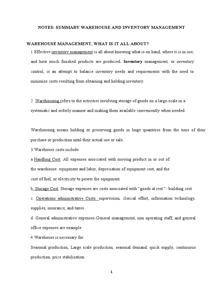 1 Notes Warehouse Management Pdf Warehouse Inventory
