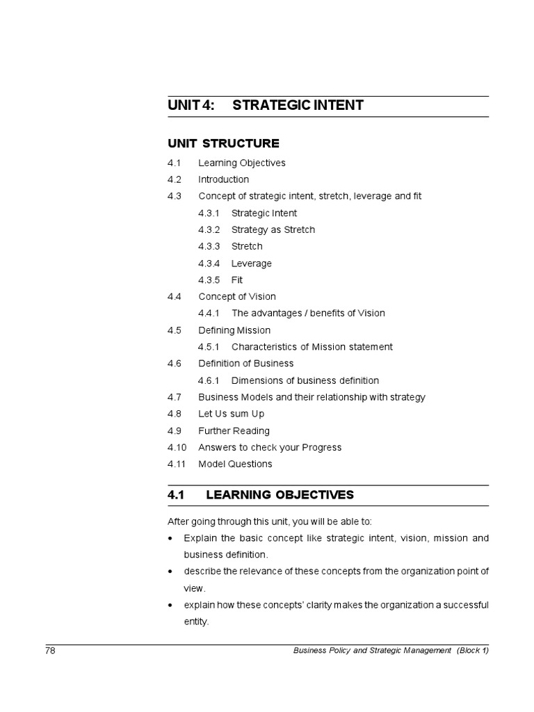 Unit 4: Strategic Intent | PDF | Strategic Management | Business Model