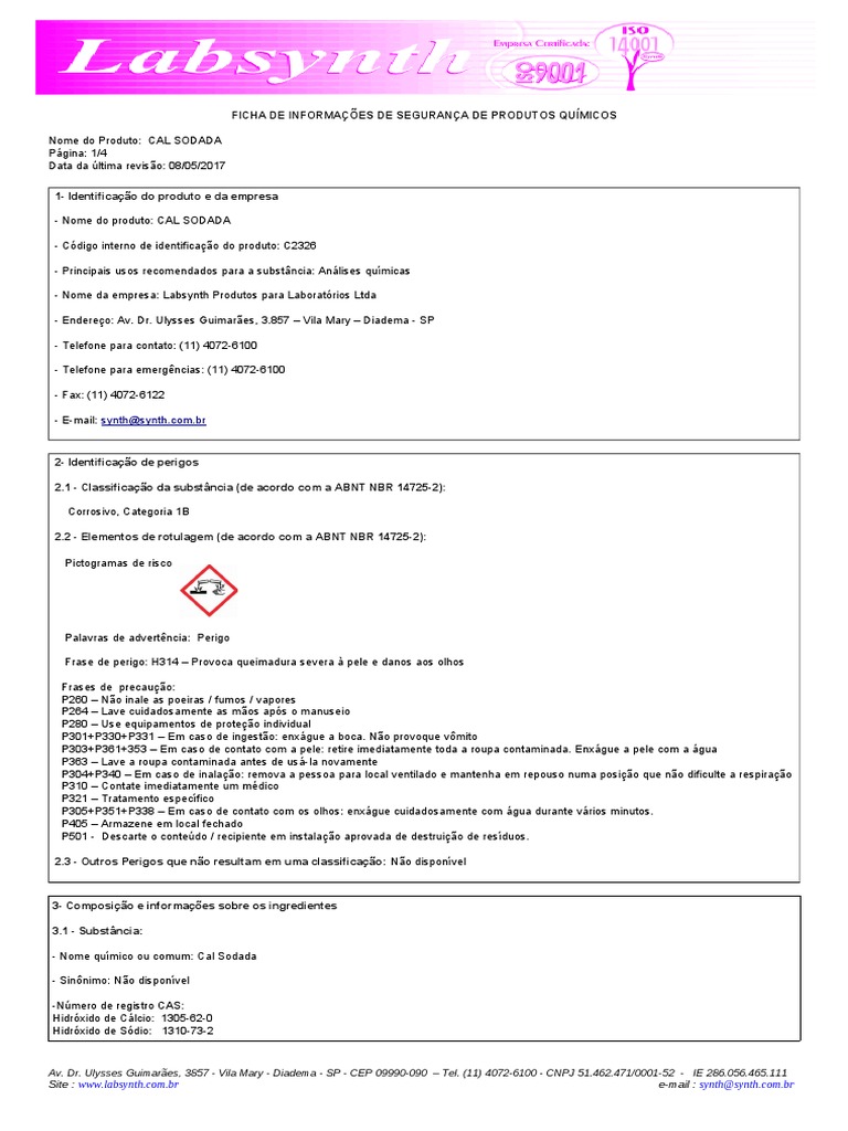 FISPQ - Cal Sodada | PDF | Primeiros socorros | Queimadura