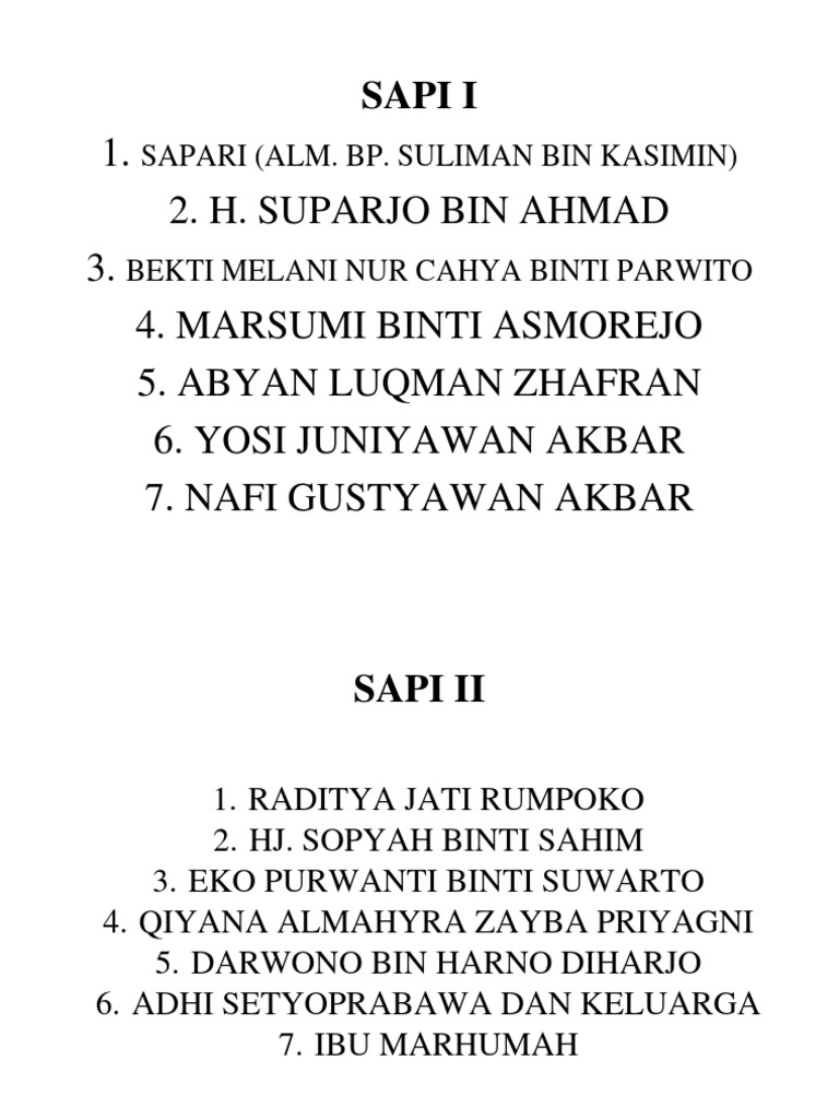 Daftar Nama Sapi | PDF