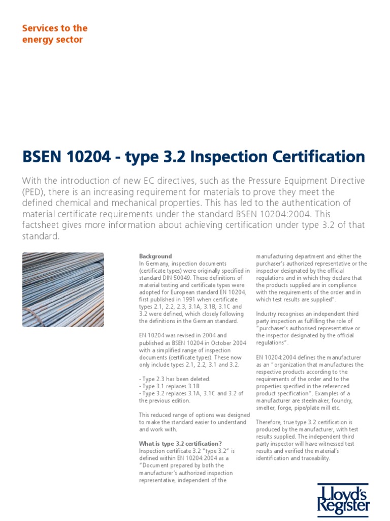 BSEN 10204 - Type 3.2 Inspection Certification Factsheet | PDF | Specification (Technical ...