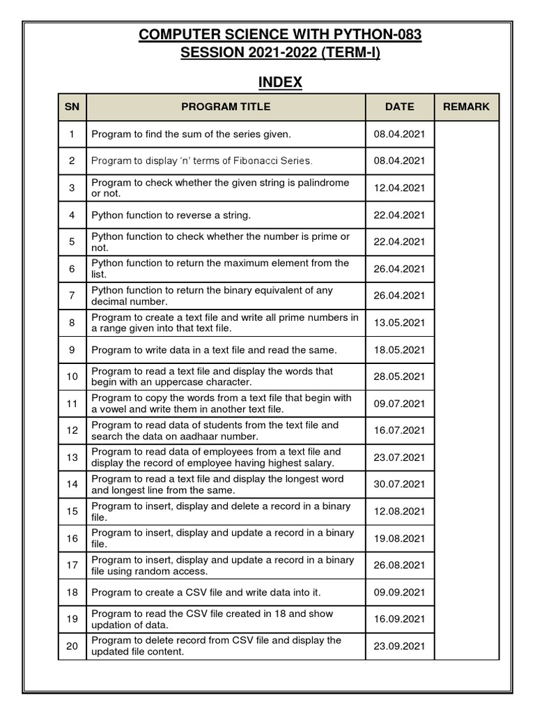 Computer Science With Python-083 SESSION 2021-2022 (TERM-I) Index | PDF | Computer File | String ...