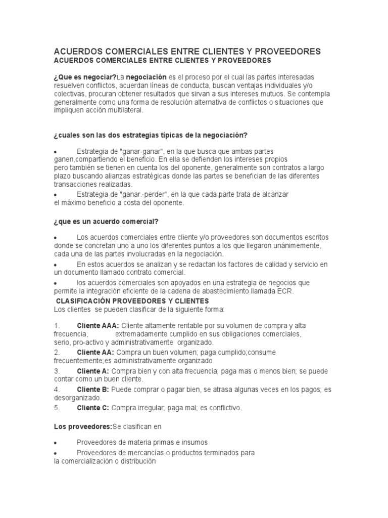 Acuerdos Comerciales Entre Clientes y Proveedores | PDF | Negociación ...
