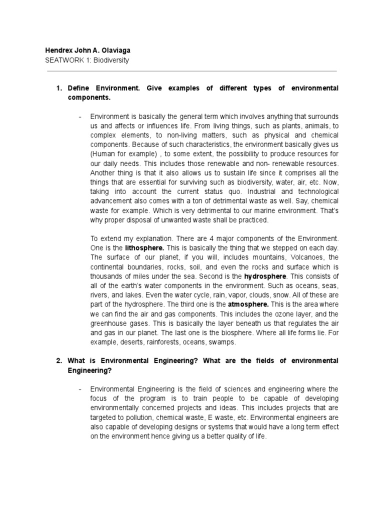 Hendrex John A. Olaviaga - SEATWORK 1 - Biodiversity | PDF | Natural ...