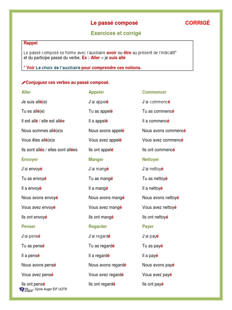 Exercices corrigés sur le passé composé | PDF | Études des langues ...