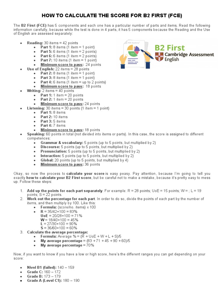 B2 First (FCE) Score Calculation Guide | PDF | Percentage | Cognition