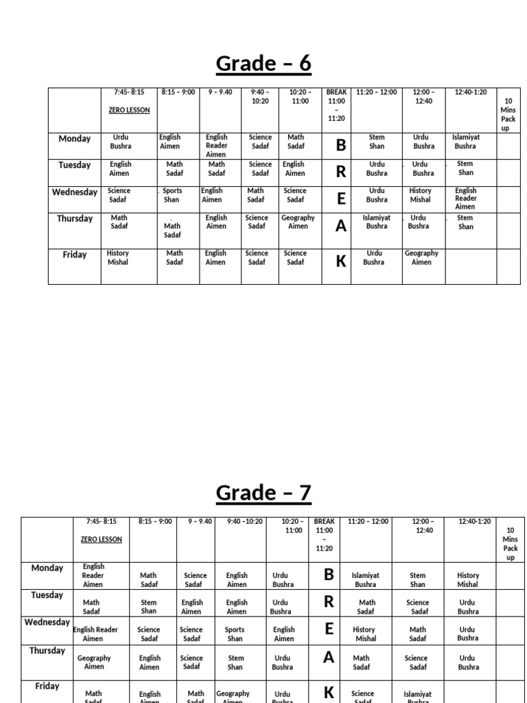 Grade 6 & 7 Final Updated Timetable | PDF