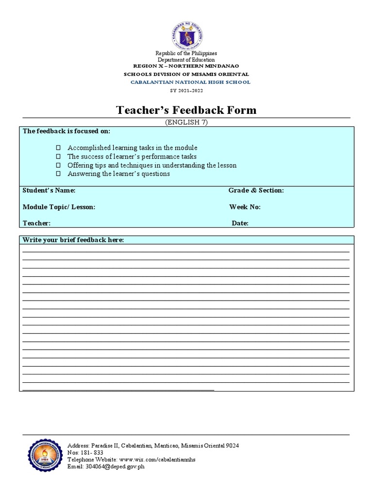 Teacher's Feedback Form: Region X - Northern Mindanao Schools Division ...