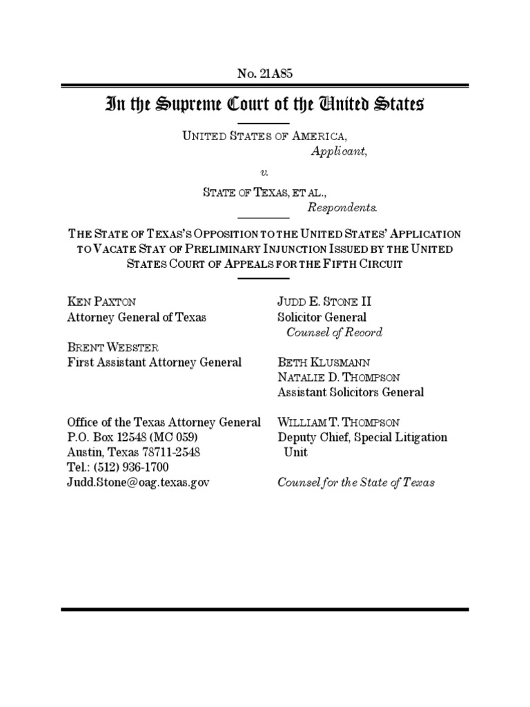 US V Texas BIO To Application To Vacate Stay | PDF | Lawsuit | Injunction