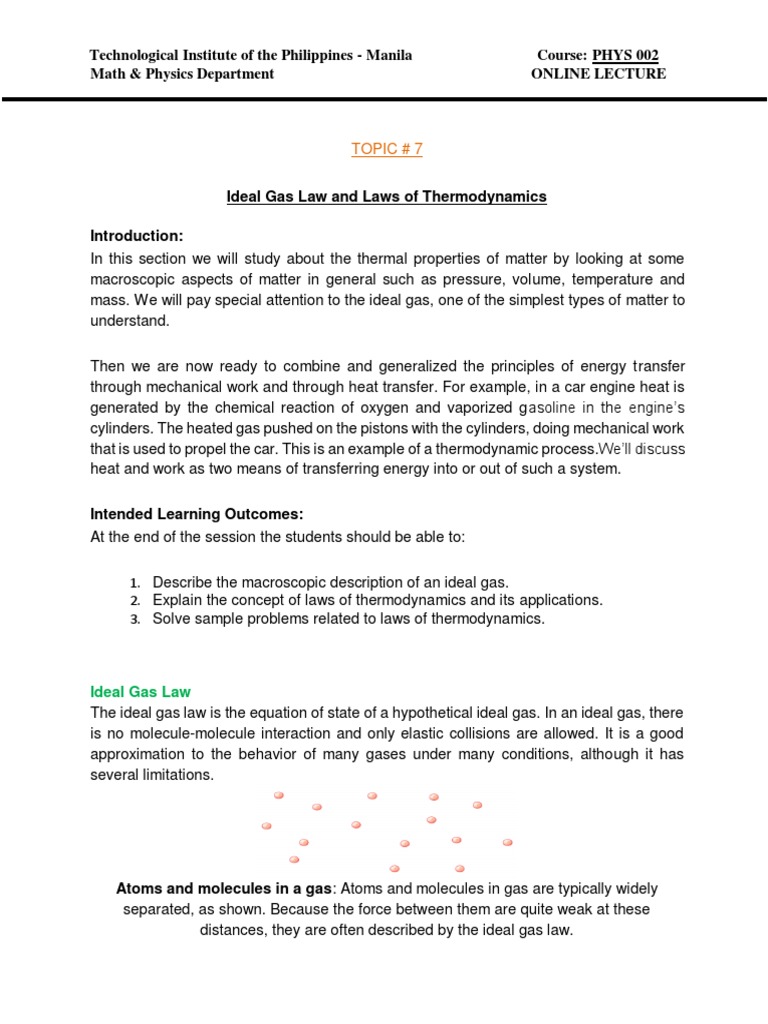 Ideal Gas Law And Laws Of Thermodynamics Pdf Gases Heat