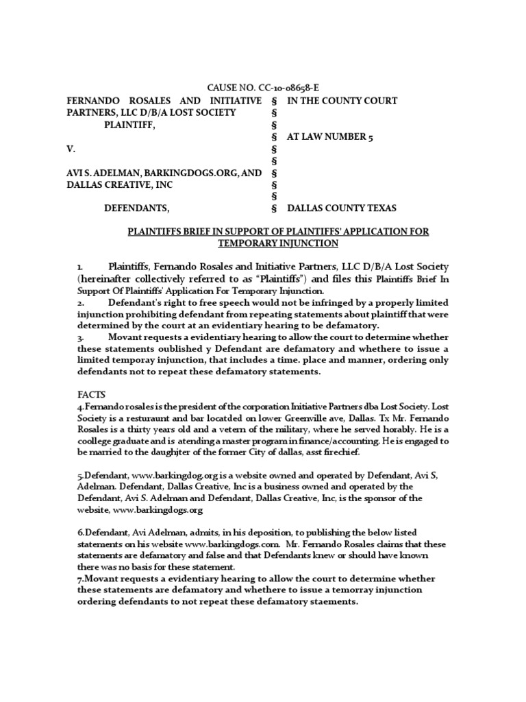 Plaintiffs Brief in Support of Plaintiffs Application For Temporary ...