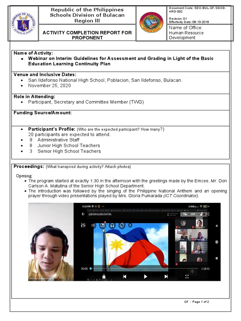 Republic of The Philippines Schools Division of Bulacan Region LLL Activity Completion Report ...
