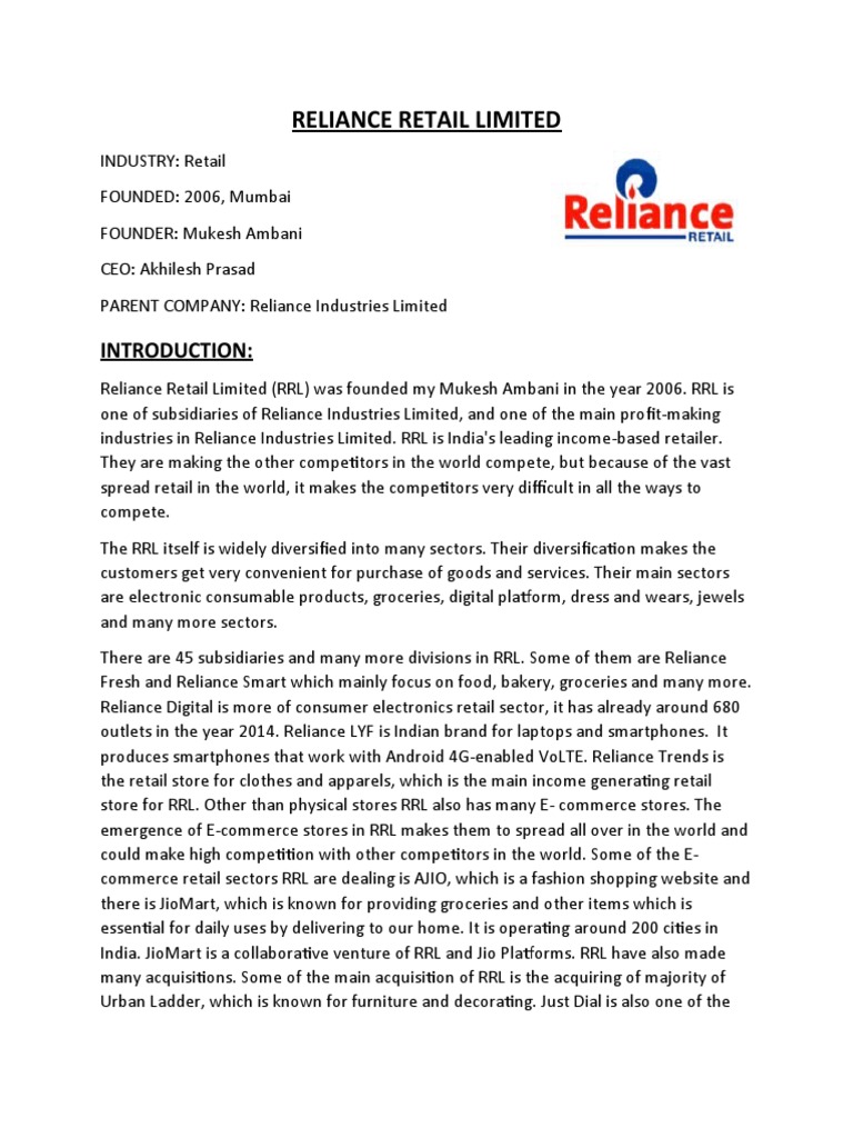 Reliance Retail Limited | PDF | Retail | E Commerce