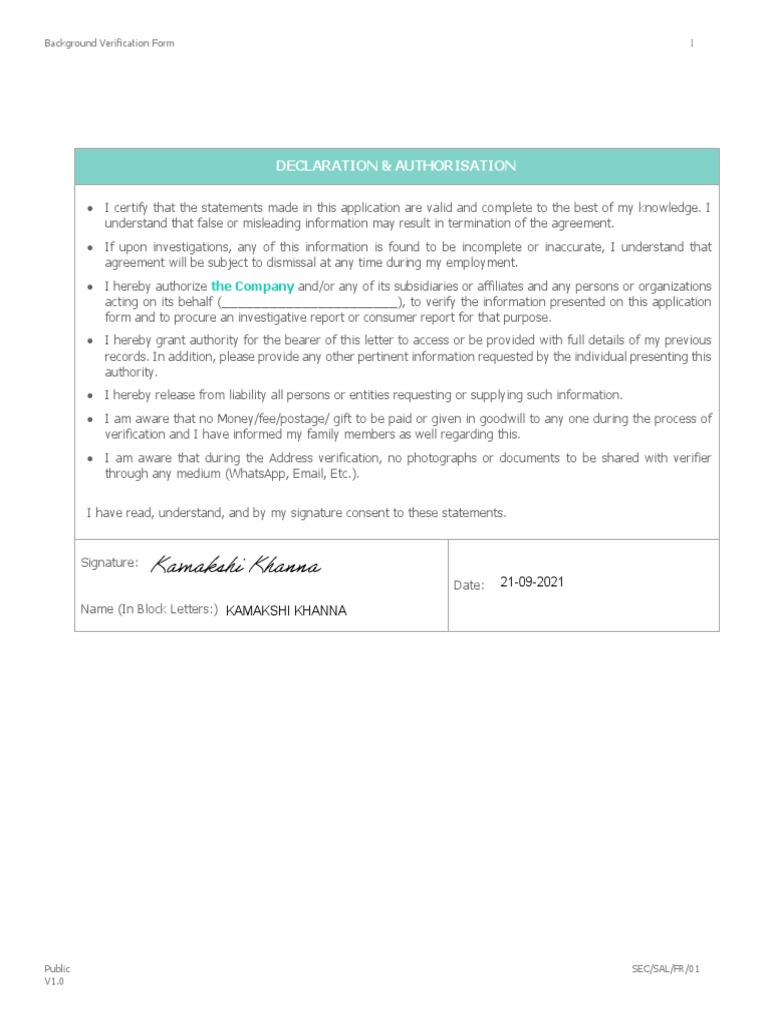 Background Verification Declaration Form | PDF
