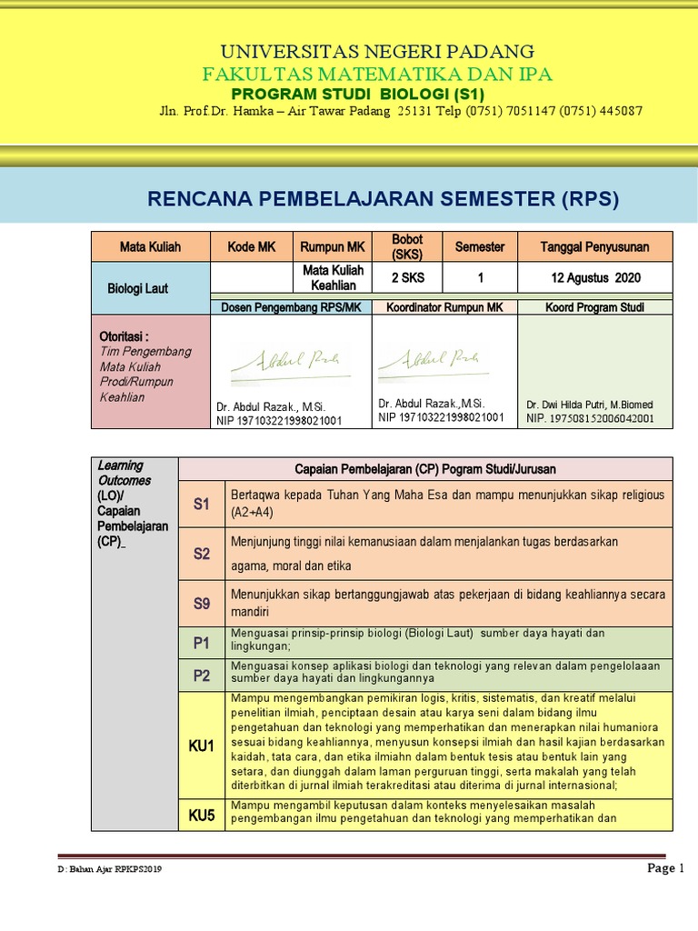 Format RPS 2020 Biologi Laut (s1) | PDF