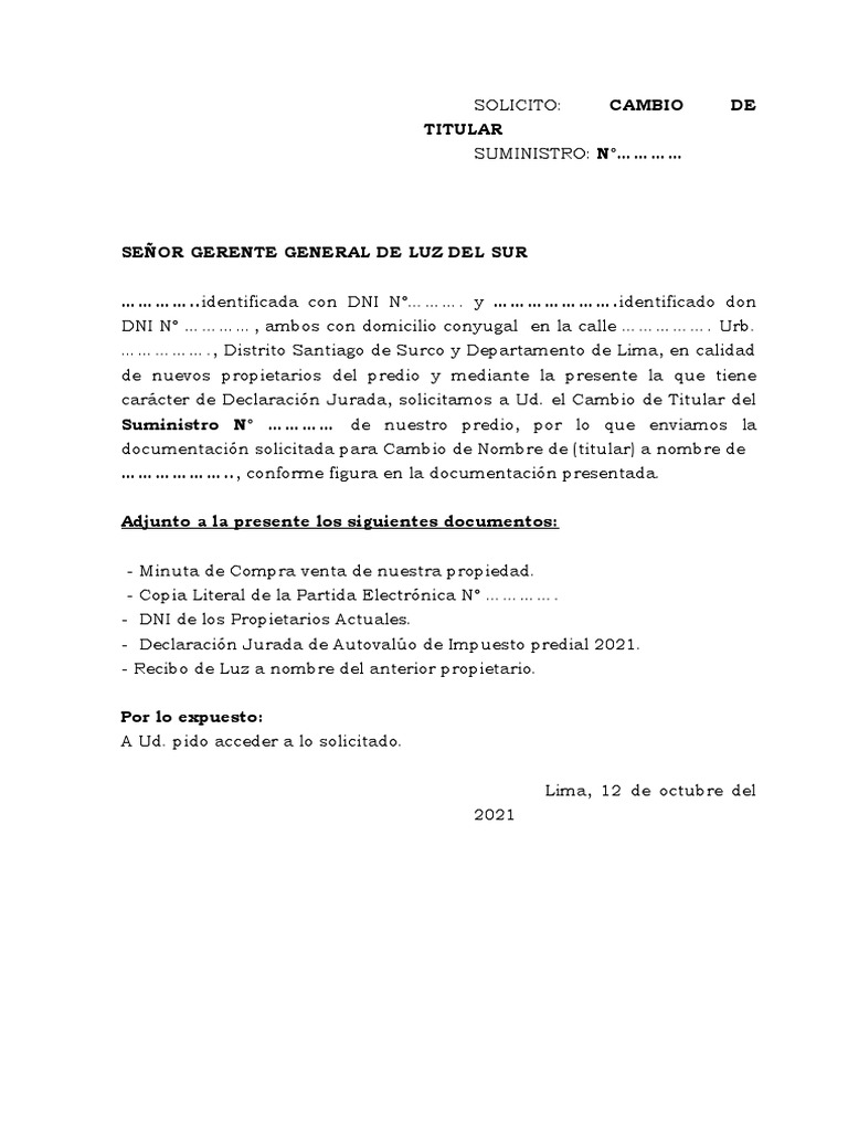 Solicitud Luz Del Sur Cambio de Titular | PDF