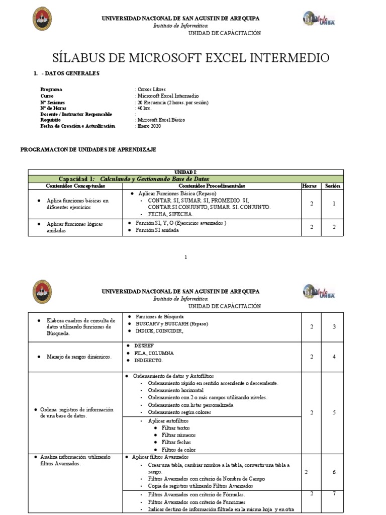 Sílabo Excel Intermedio 2020 | PDF | Microsoft Excel | Bases de datos