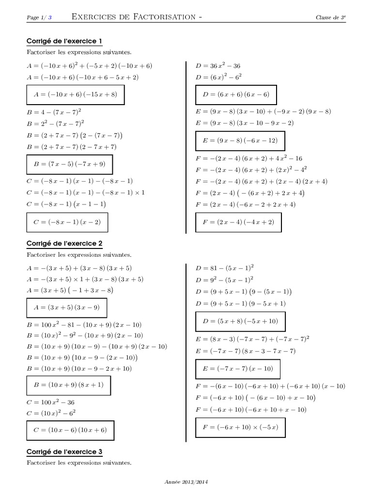 Factorisation Corrige Serie D Exercices 1 | PDF
