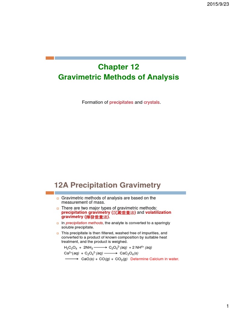 CH 12 Gravimetric Methods of Analysis | PDF | Precipitation (Chemistry) | Thermogravimetric Analysis