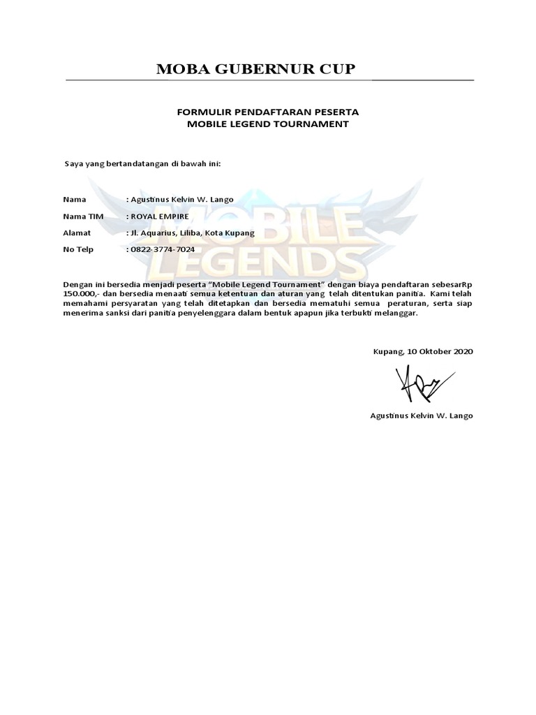 Pendaftaran Turnamen Mobile Legend | PDF