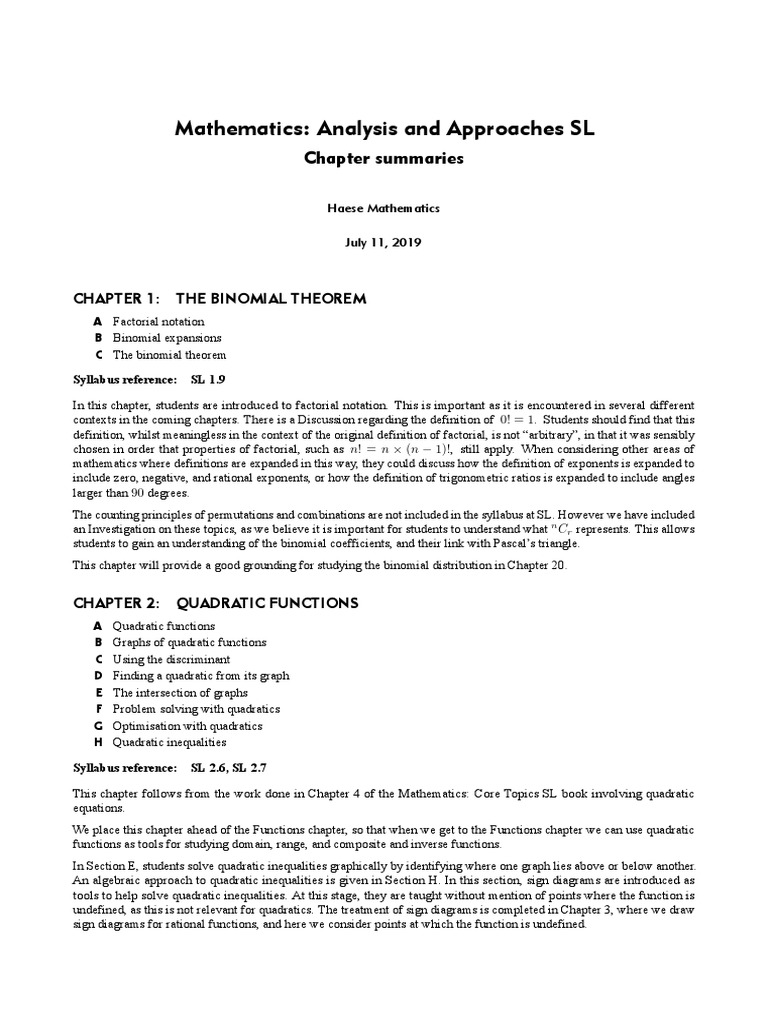 Analysis and Approaches SL Chapter Summaries | PDF | Trigonometric ...