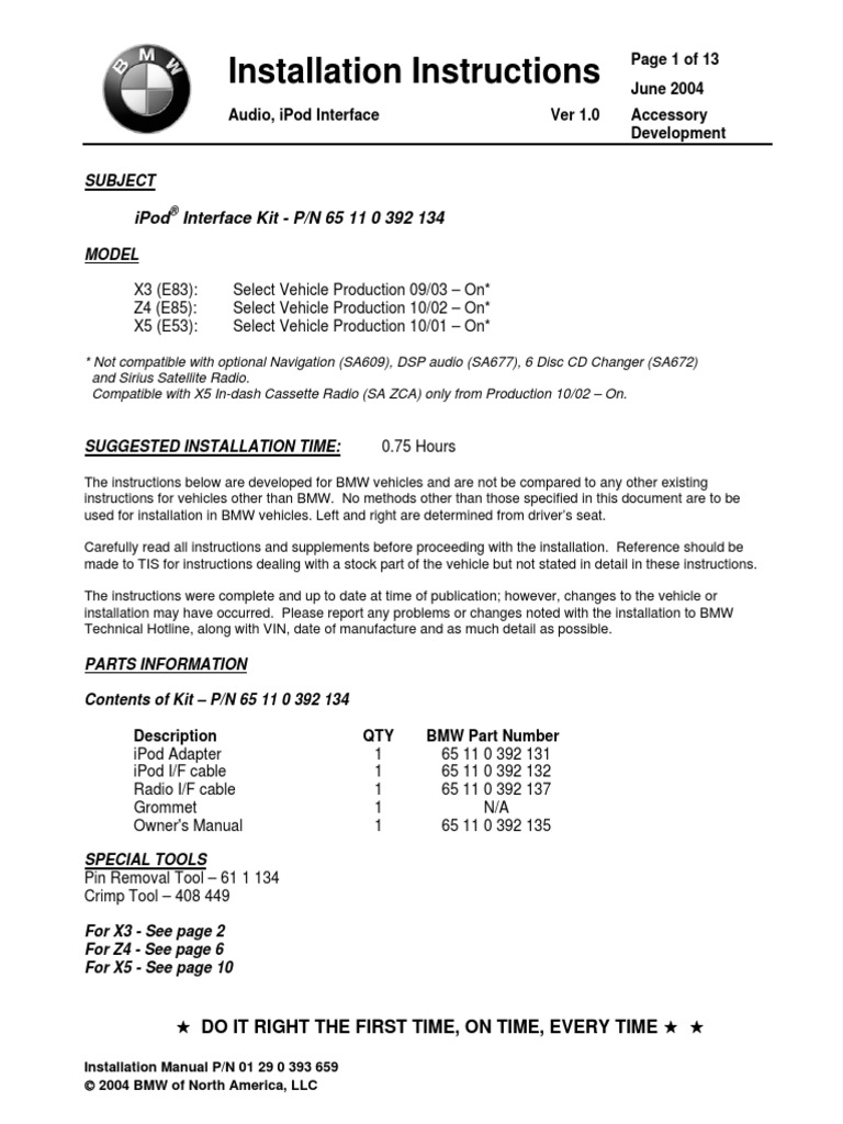 Installation Instructions: Ipod Interface Kit - P/N 65 11 0 392 134 ...
