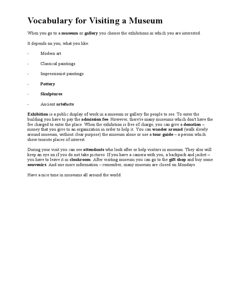 Vocabulary For Visiting A Museum1 | PDF | Museum | The Arts