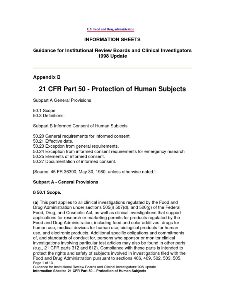 21 CFR Part 50 - Protection of Human Subjects | PDF | Institutional ...
