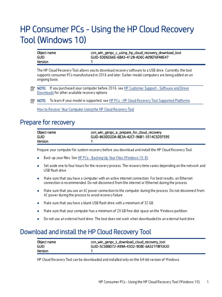 HP Consumer Pcs - Using The HP Cloud Recovery Tool (Windows 10) | PDF ...
