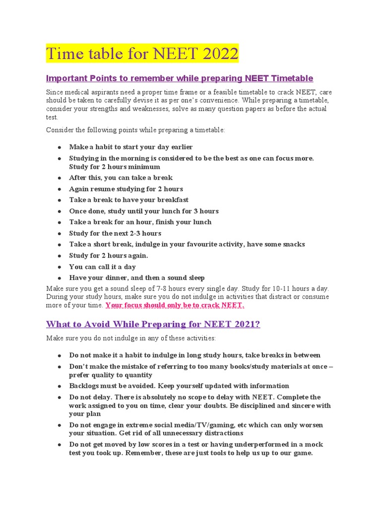 Time Table For NEET 2022: Important Points To Remember While Preparing NEET Timetable | PDF