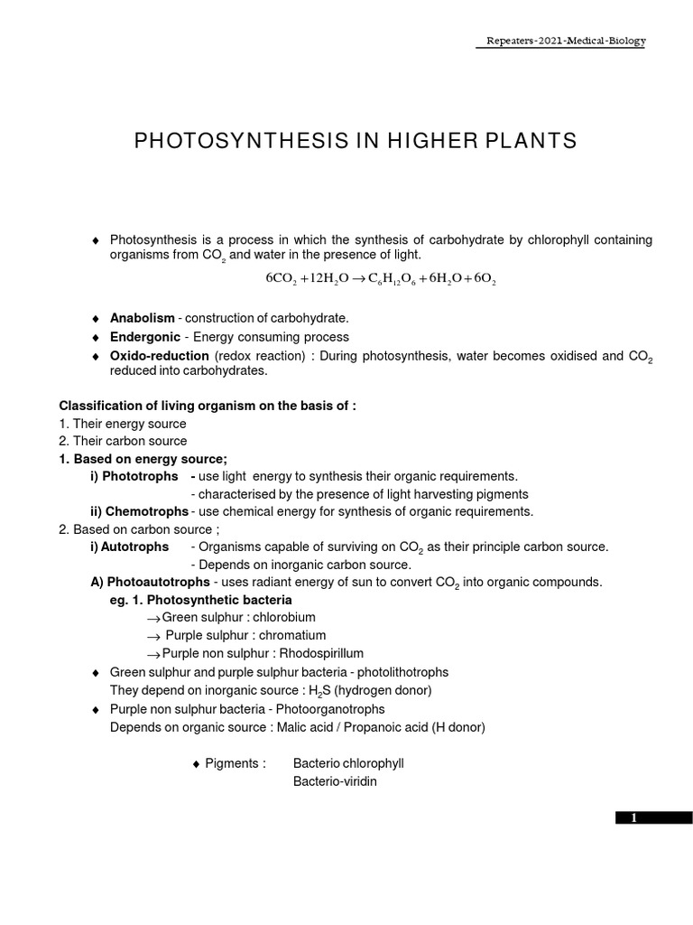 Photosynthesis in Higher Plants | PDF | Photosynthesis | Electron ...