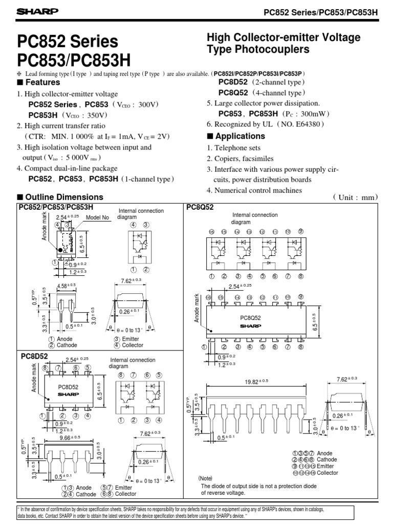 PC853/PC853H PC852 Series: High Collector-Emitter Voltage Type ...