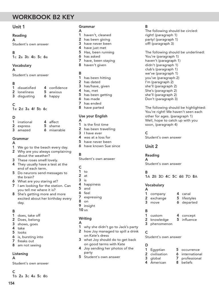 Workbook B2 Key: Unit 1 | PDF