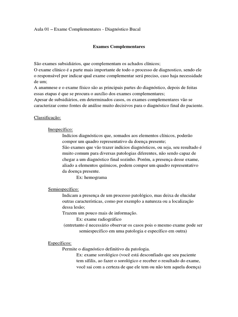 Aula 01 - Exames Complementares - Diagnóstico Bucal | PDF | Câncer | Patologia