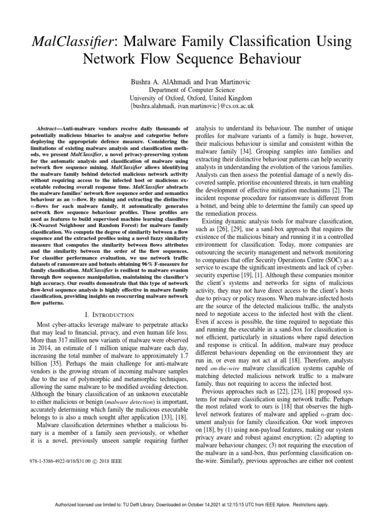 MalClassifier Malware Family Classification Using Network Flow Sequence ...