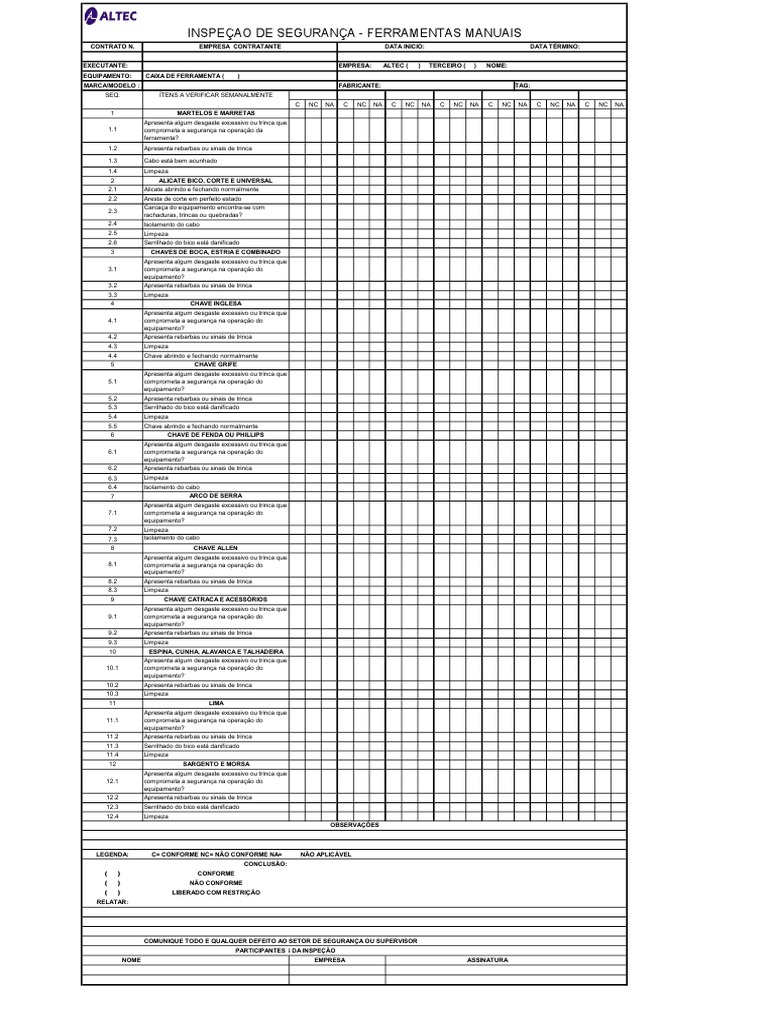 Check List Ferramentas Manuais | PDF | Metalurgia
