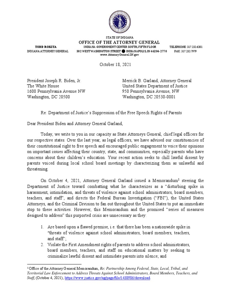 17 AGs Letter To Biden On Parents' First Amendment Rights | PDF | First ...