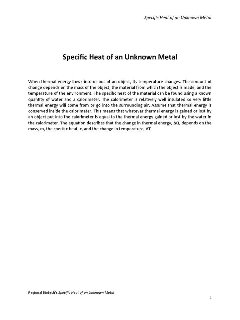 Specific Heat of An Unknown Metal | PDF | Heat | Temperature