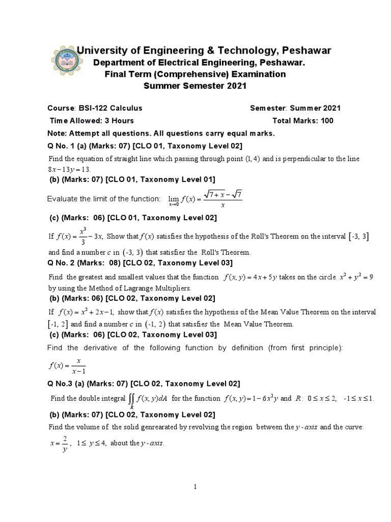 Calculus Final Exam Summer 2021 | PDF | Calculus | Analysis