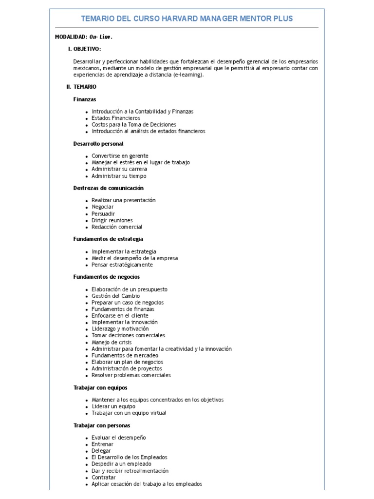 Temario Del Curso Harvard Manager Mentor Plus Habilidades Directivas | PDF