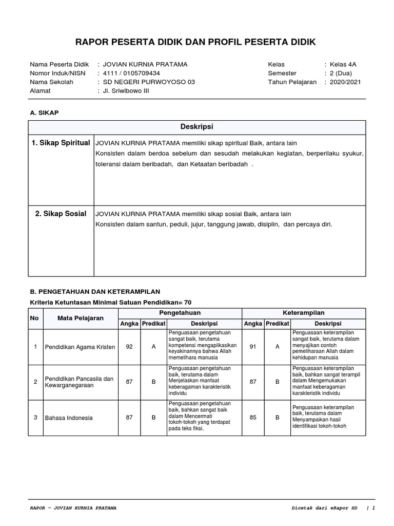Rapor Jovian Kurnia Pratama 20202 | PDF