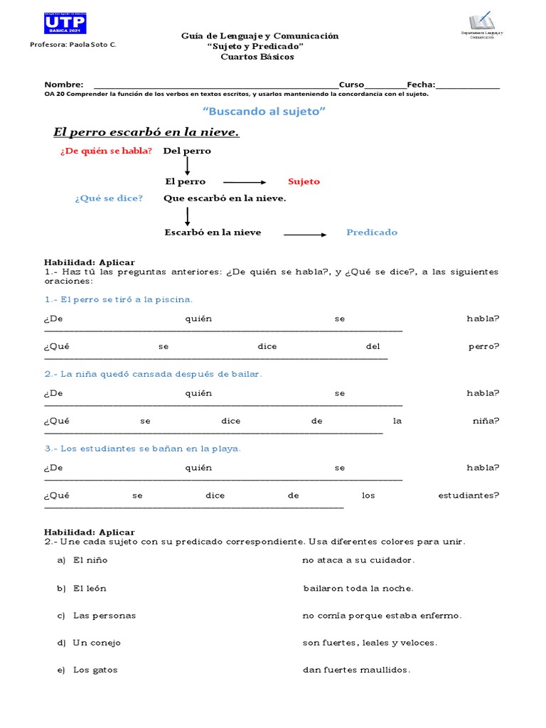 Guía N°1 Sujeto y Predicado | PDF | Asunto (gramática) | Predicado ...