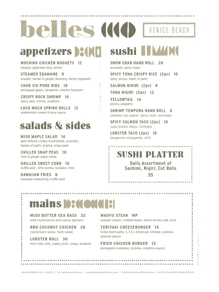 Belles Beach House Menu | PDF | Sushi | Salad