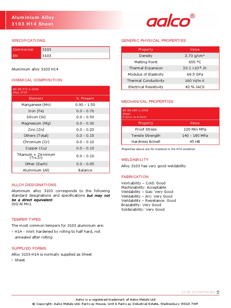 Aluminium Alloy 3103 H14 Sheet: Specifications Generic Physical Properties | PDF | Alloy | Aluminium