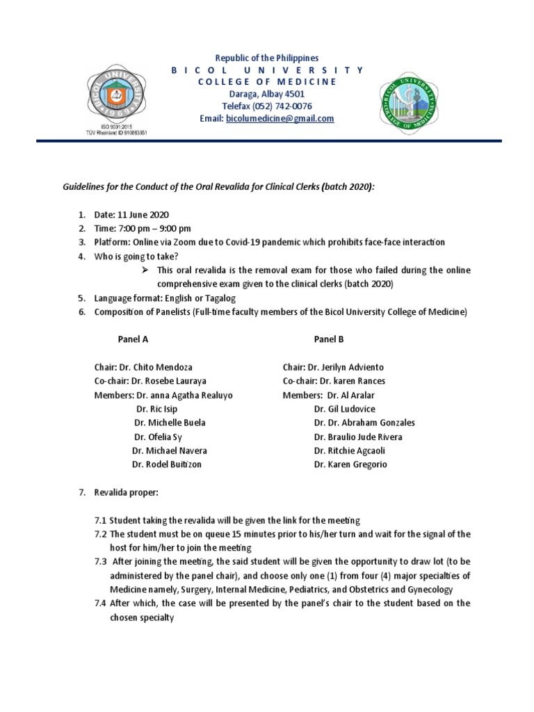 Guidelines For The Conduct of The Oral Revalida For Clinical Clerks ...