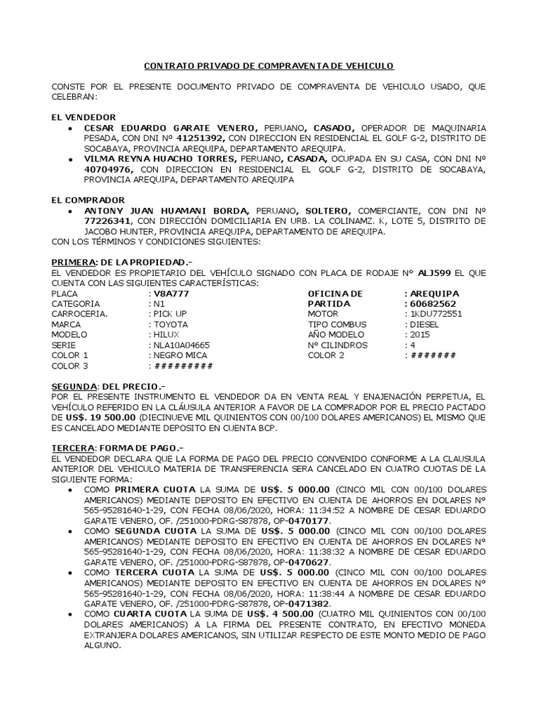 Contrato Privado de Compraventa de Vehiculo Cesar Garate V8a777 | PDF ...