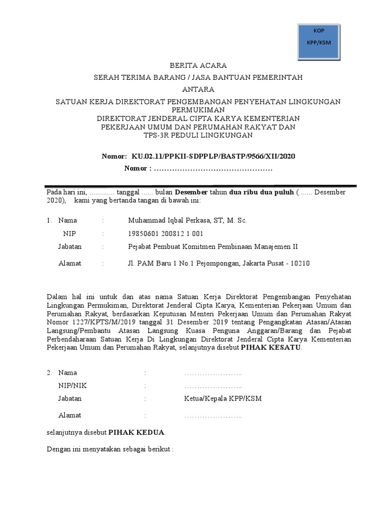 Draft BAST-Pemanfaatan - Pengelolaan MotorSampah TPS-3R PEDULI LINGKUNGAN | PDF