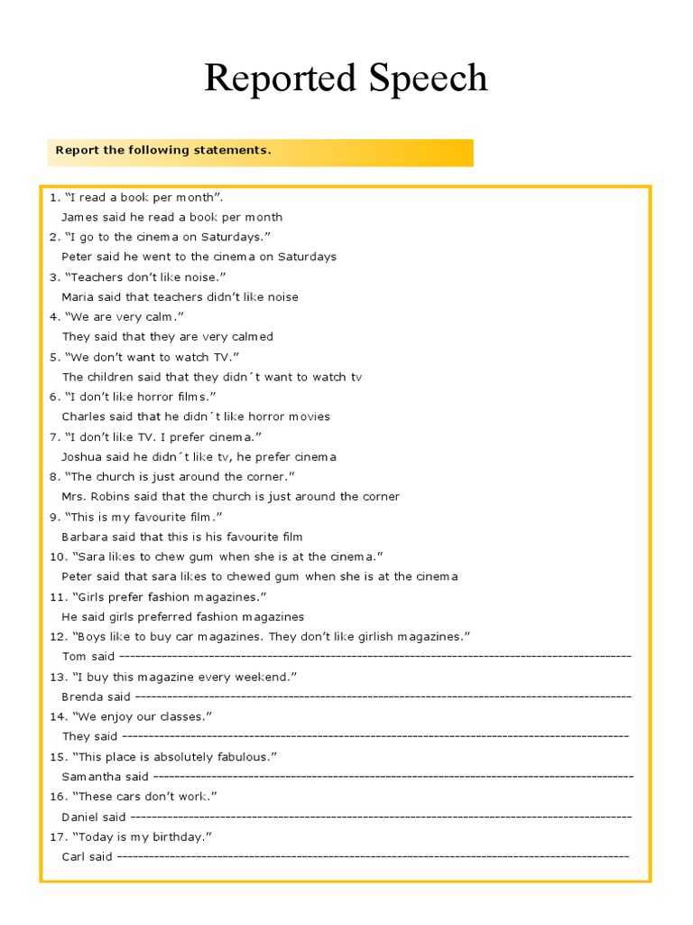 Reported Speech Worksheet | PDF
